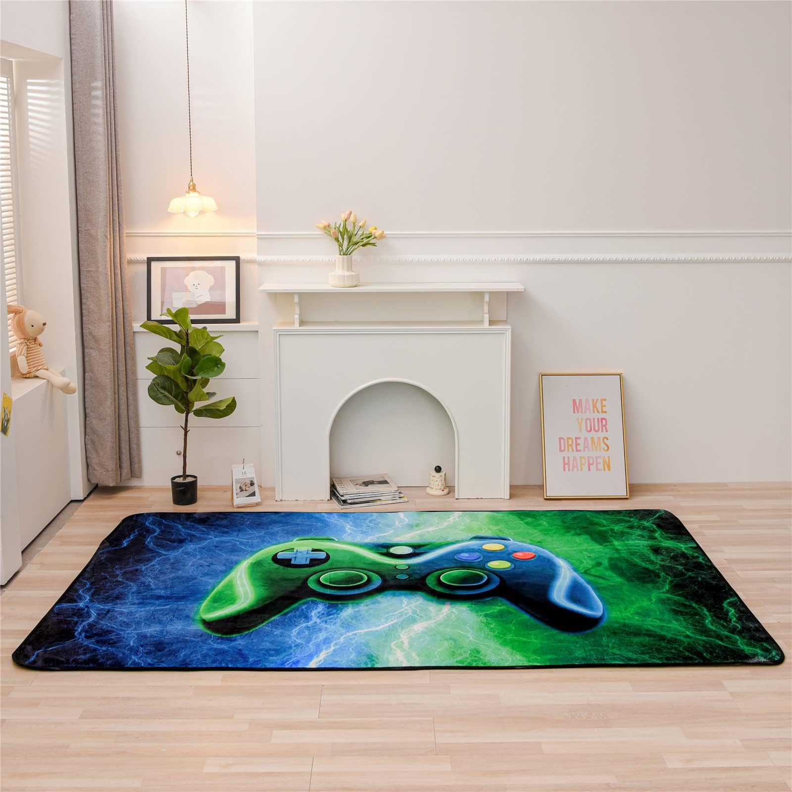 Meeting Story Gamer Gaming Area Rug Tie Dye Lightnings Gamepad Rug Games Console Action Buttons Print Carpet Indoor Floor Sofa Rugs for Kids Bedroom Living Room Game Room Decor(Blue-Green,4 * 6 Feet)