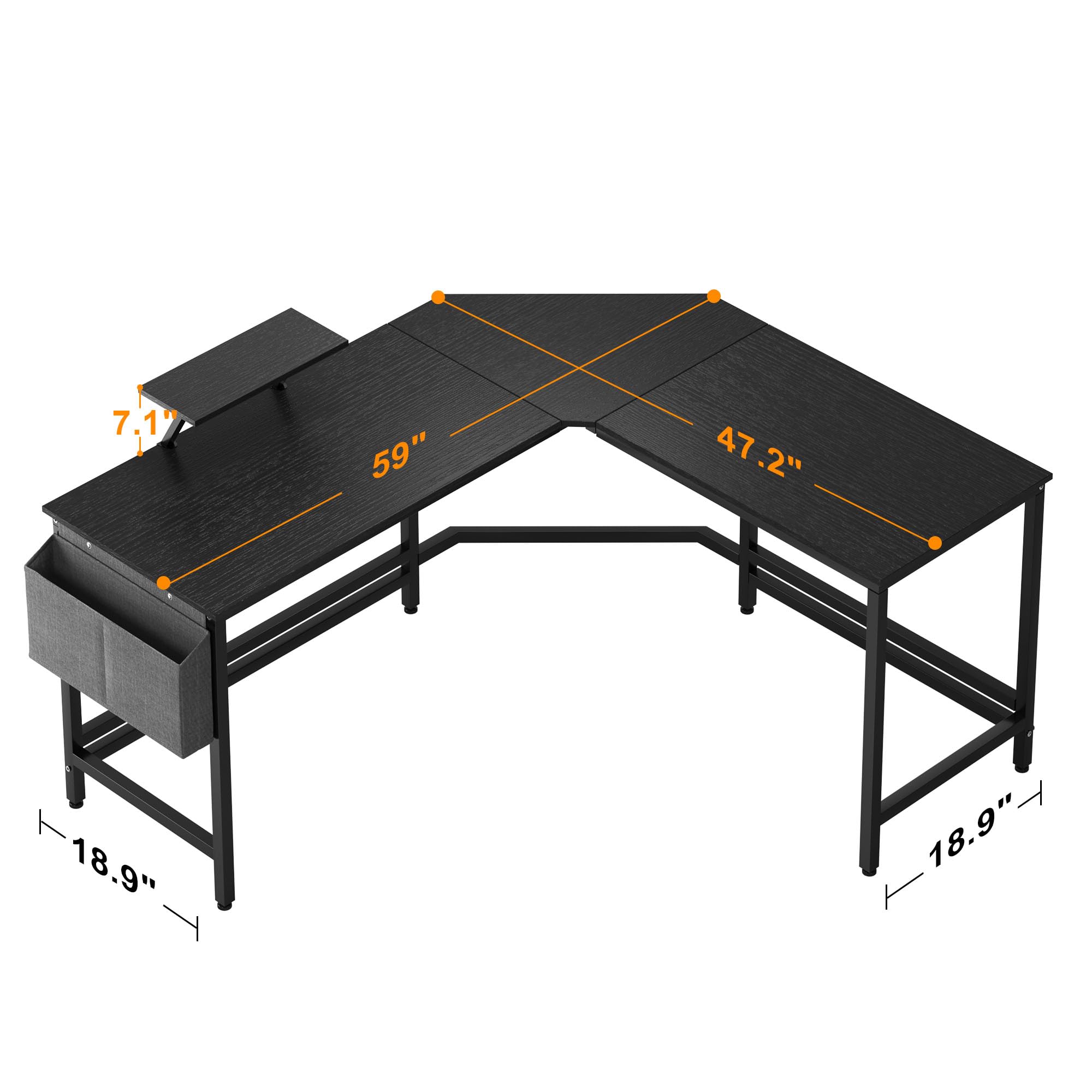 soges L-Shaped Desk with Side Storage Bag, 59 inch L Shape Computer Desk with Monitor Stand, Home Office Desk for Corner, Gaming Desk, Writing Desk, Reading Table, L Desk, Black