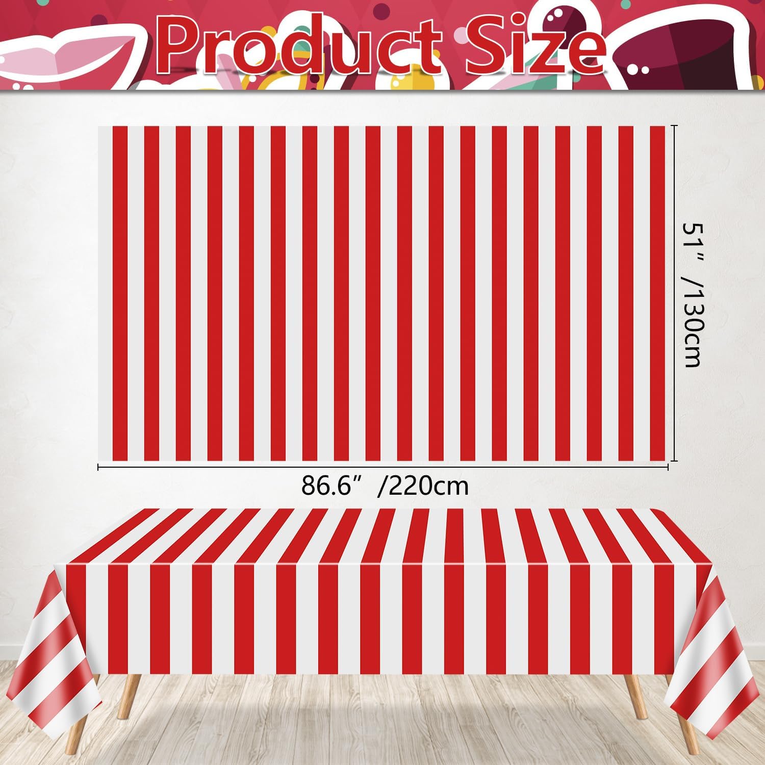 PIXHOTUL 4 Pieces Carnival Table Cloths, Red and White Stripe Tablecloths, Red Plastic Table Cover, Circus Theme Party Decorations for Carnival, Movie Night, Birthday, Christmas, Wedding, 51'' x 86''