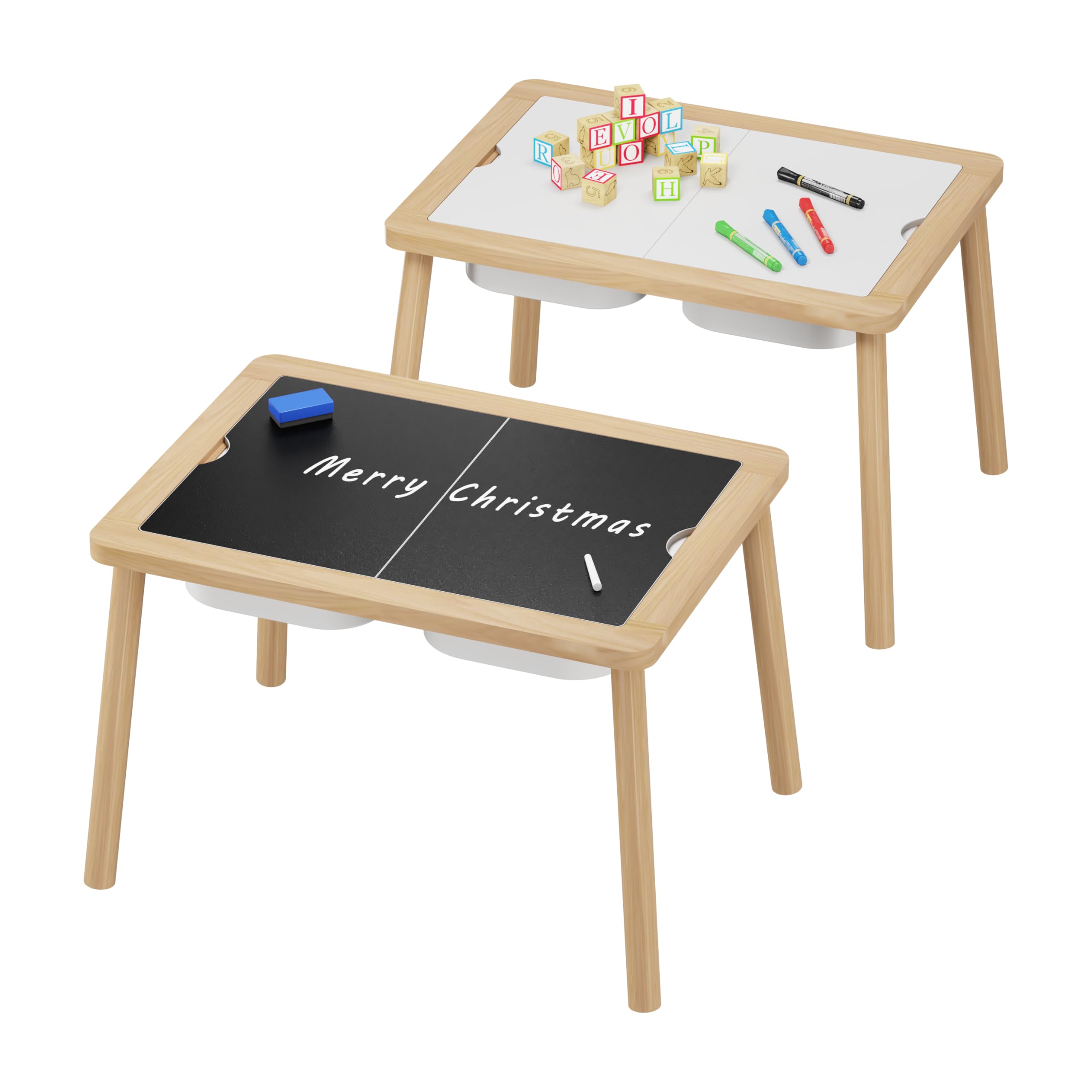 Ogears Sensory Table, Kids Activity Table, Wooden Play Table with Bins, Montessori Table, Chalk Board and Whiteboard