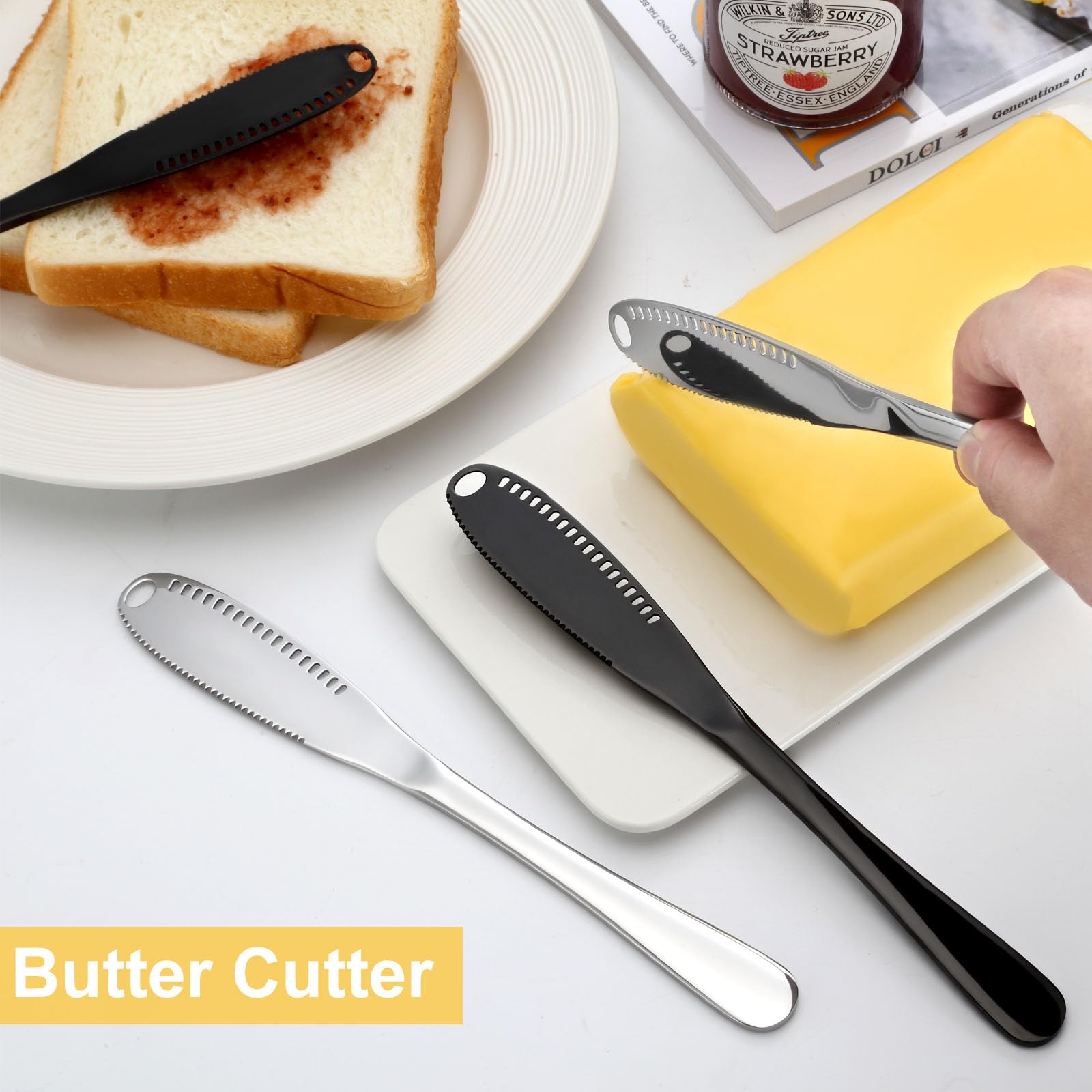 Hunnycook 6PCS Butter Knife, 8.7” silver Butter Spreader, 3 in 1 Kitchen Gadgets Serrated, Stainless Steel Butter Knife Spreader, Butter Spreader Knife with Holes and Serrations