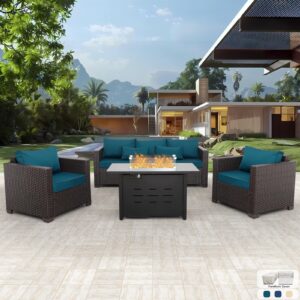 4 piece patio furniture set 45in fire pit table outdoor furniture sets patio couch outdoor chairs 50000 btu propane fire pit with no-slip cushions and waterproof covers, peacock blue