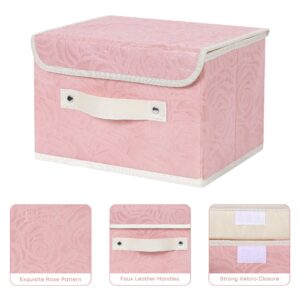 ANMINY Fabric Storage Bin with Lid Rose Print Storage Box Basket with PU Leather Handles Washable PP Plastic Board Decorative Foldable Lidded Shelf Cubes Closet Organizer Container - Pink, Small Size