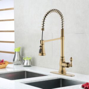 Derengge Brushed Gold Kitchen Sink Faucet,Single Handle Spring Spout Kitchen Faucet with Pull-Down Sprayer, 1 Hole or 3 Hole Installation,KF-5988-BG