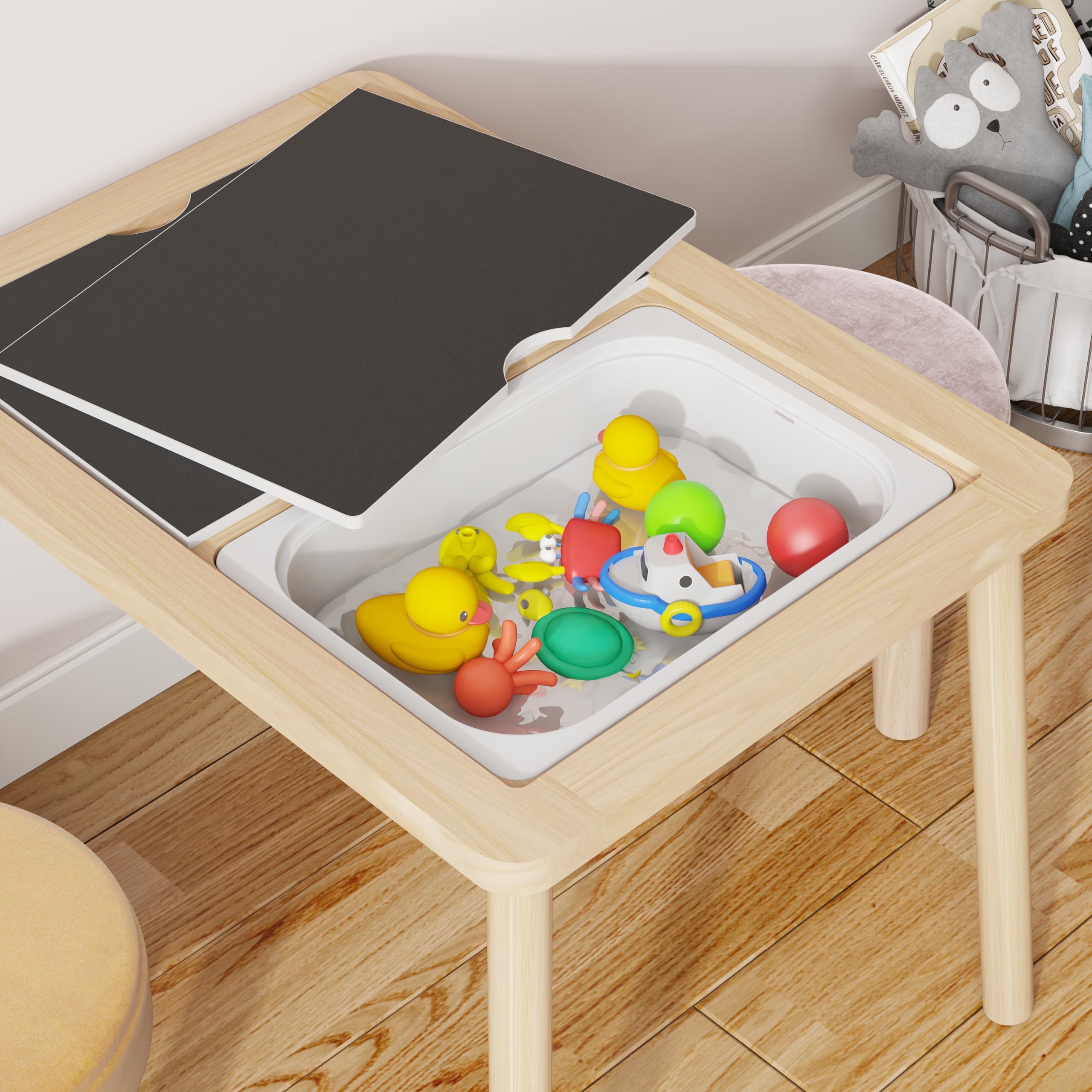 Ogears Sensory Table, Kids Activity Table, Wooden Play Table with Bins, Montessori Table, Chalk Board and Whiteboard