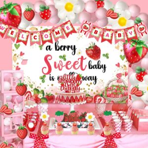 152 PCs Strawberry Baby Shower Decorations Girl, Fiesec A Berry Sweet Baby is On The Way Baby Shower Decorations Backdrop Banner Balloon Garland Tablecloth Cake Cupcake Topper Box Cutout Sash