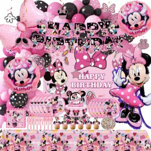 mouse birthday party supplies, mouse party decorations, pink mouse birthday decorations includes happy birthday banner, balloons, stickers, backdrop, pink tableware, hanging swirls