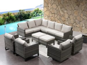 hummuh 9 piece patio furniture all weather 6-seater outdoor sectional sofa with patio swivel chairs and outdoor chairs ottomans for porch,garden,backyard,deck