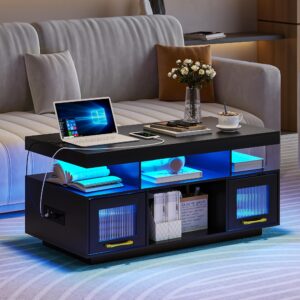 fomney led coffee table with charging station＆4 storage spaces, modern coffee tables with auto 3 color lights, center tea table with acrylic door, black coffee table for living room