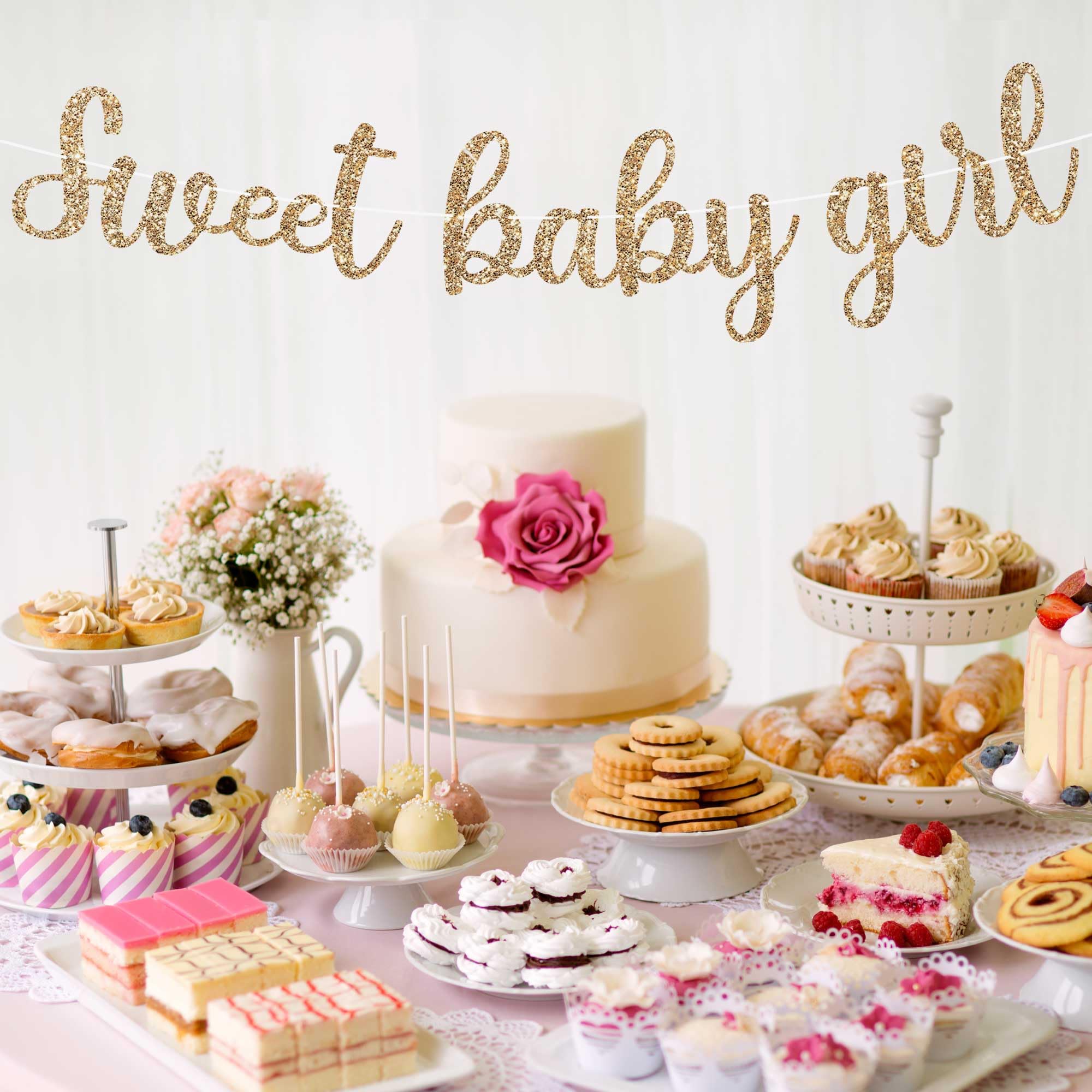 Pre-Strung Sweet Baby Girl Banner - NO DIY - Gold Glitter Baby Shower Gender Reveal Party Banner For Girl - Pre-Strung Garland on 8 ft Strand - Baby Shower Party Decorations. Did we mention no DIY?