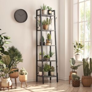 YMYNY 5 Tiers Ladder Bookcase, Industrial Narrow Bookshelf, Open Display Rack with 4 S Hooks, Metal Storage Shelves for Bedroom, Home Office, Living Room, Black, 63H*13.4L*11.8W, UHBC025B