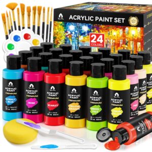 40 pcs acrylic paint set with 12 brushes, 2 knives and palette, 24 colors (2oz/60ml) art craft paints gifts for adults kids artists beginners, halloween pumpkin painting kit art supplies