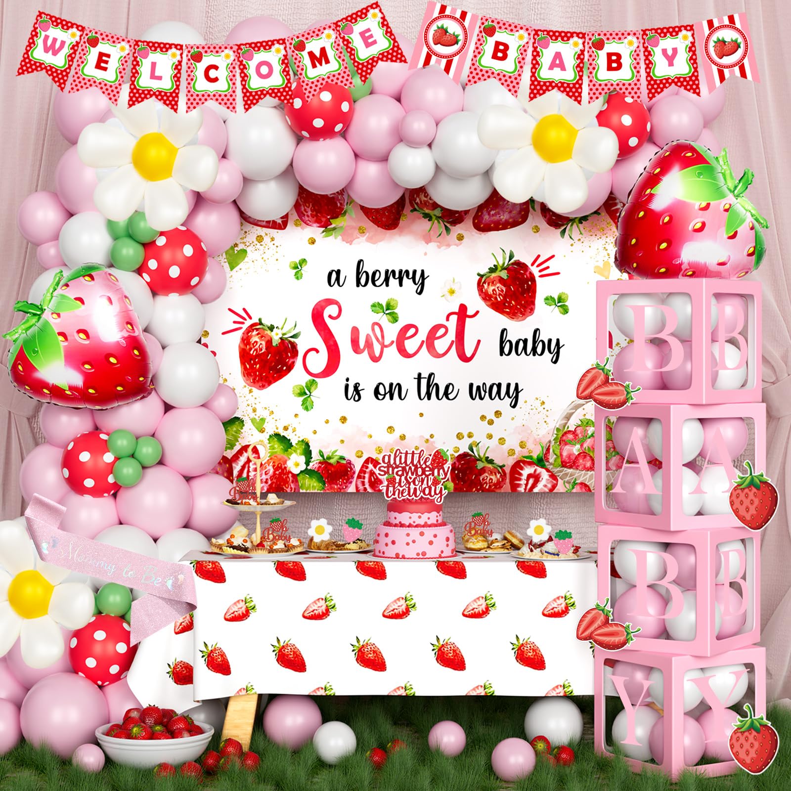 152 PCs Strawberry Baby Shower Decorations Girl, Fiesec A Berry Sweet Baby is On The Way Baby Shower Decorations Backdrop Banner Balloon Garland Tablecloth Cake Cupcake Topper Box Cutout Sash