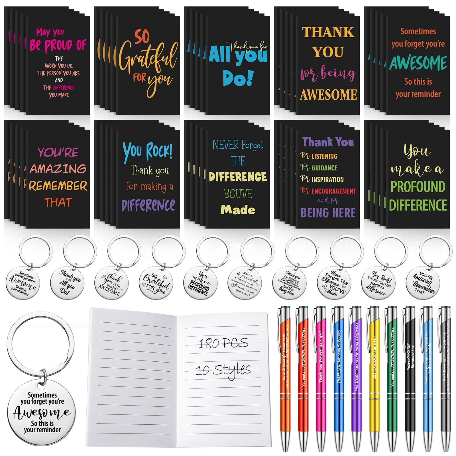 Yeaqee 180 Pcs Thank You Gifts Employees Appreciation Gifts Bulk for Coworkers Inspirational Notebook Pen Keychain(Vintage)