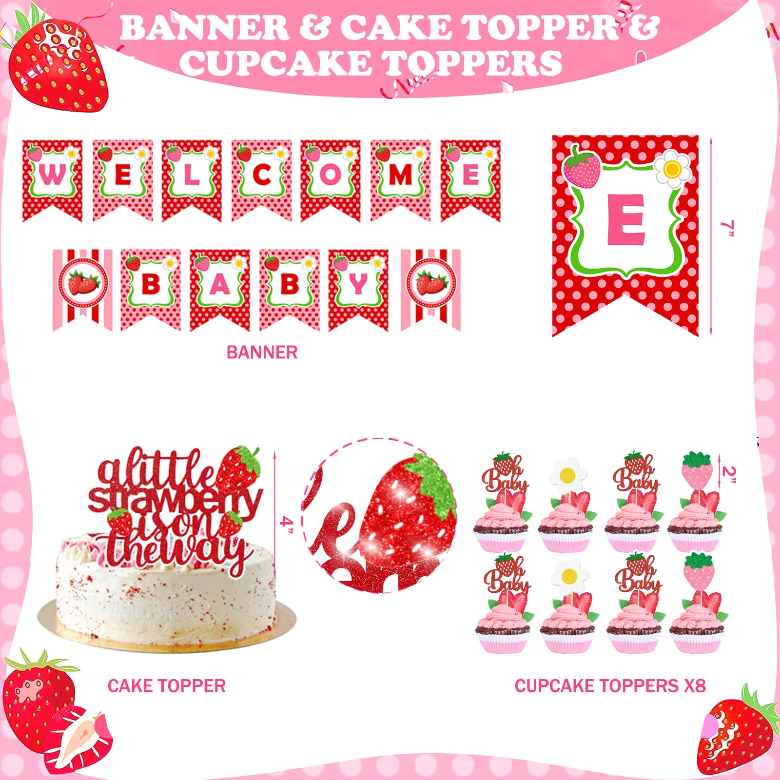 152 PCs Strawberry Baby Shower Decorations Girl, Fiesec A Berry Sweet Baby is On The Way Baby Shower Decorations Backdrop Banner Balloon Garland Tablecloth Cake Cupcake Topper Box Cutout Sash