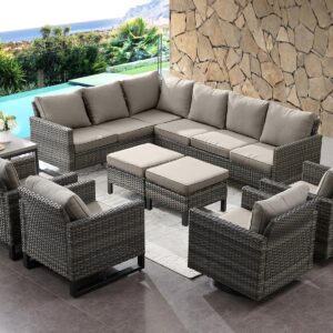 HUMMUH 9 Piece Patio Furniture PE Wicker 6-Seater Outdoor Sectional Sofa Patio Swivel Chairs,Outdoor Chairs with Ottomans Side Table for Porch,Garden,Backyard,Deck