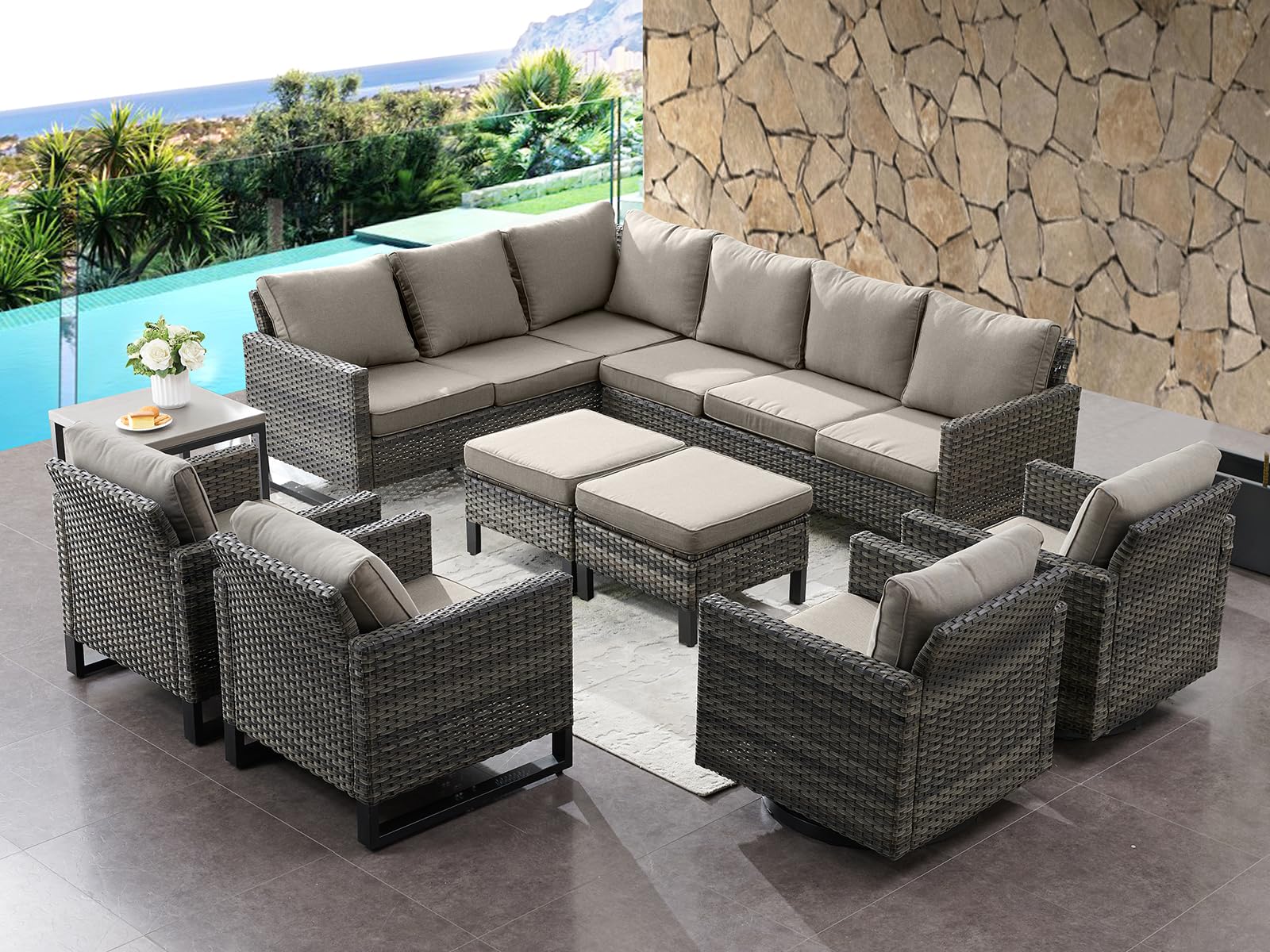 HUMMUH 9 Piece Patio Furniture PE Wicker 6-Seater Outdoor Sectional Sofa Patio Swivel Chairs,Outdoor Chairs with Ottomans Side Table for Porch,Garden,Backyard,Deck