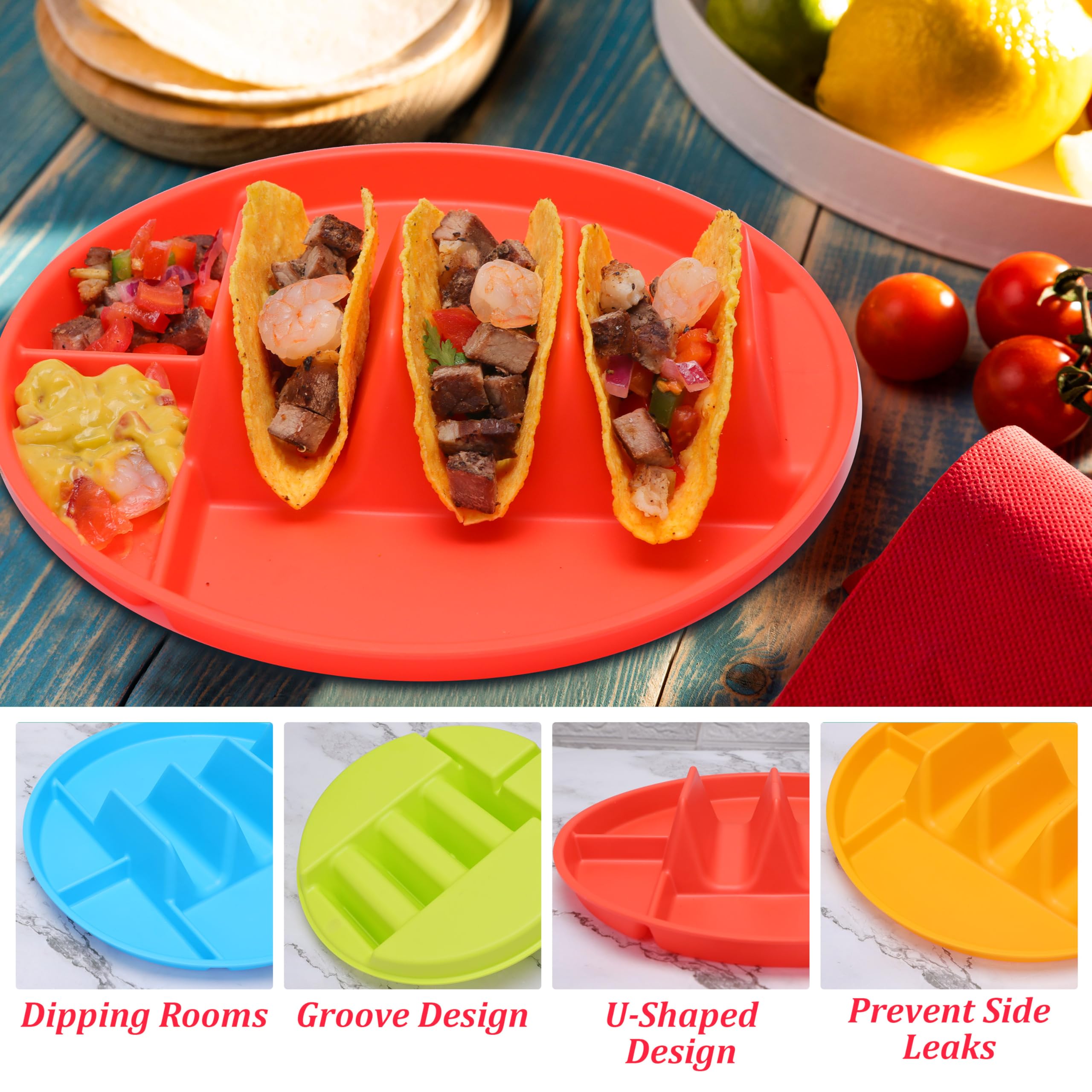 Viotiin Taco Plates, 4 Pack Taco Holder With Dividers, Extra Large Taco Trays For Soft & Hard Taco Shell, Dishwasher Safe -10 Inch