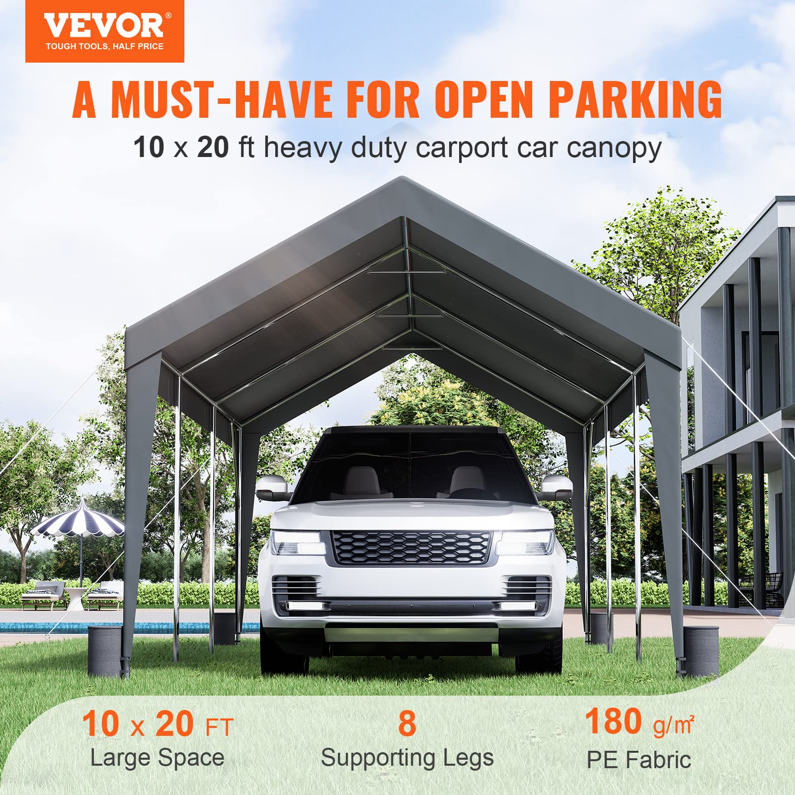 VEVOR Upgraded 10x20 ft Heavy Duty Carport Car Canopy, Car Port Garage Boat Shelter Party Tent with 8 Reinforced Poles and 4 Weight Bags, UV Resistant Waterproof Tarp for SUV, Truck, Boat