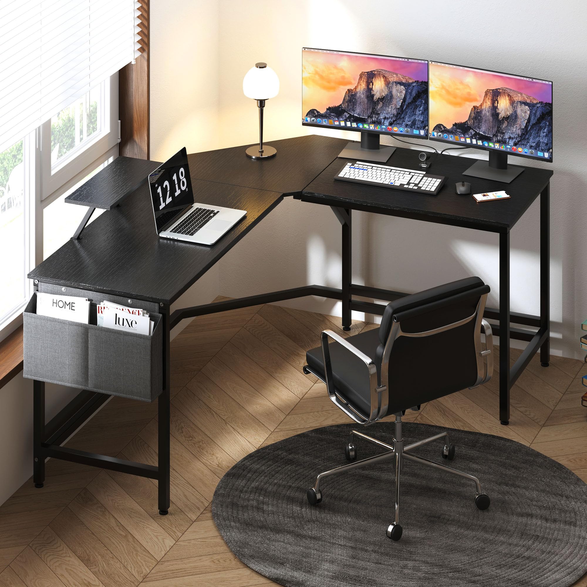 soges L-Shaped Desk with Side Storage Bag, 59 inch L Shape Computer Desk with Monitor Stand, Home Office Desk for Corner, Gaming Desk, Writing Desk, Reading Table, L Desk, Black