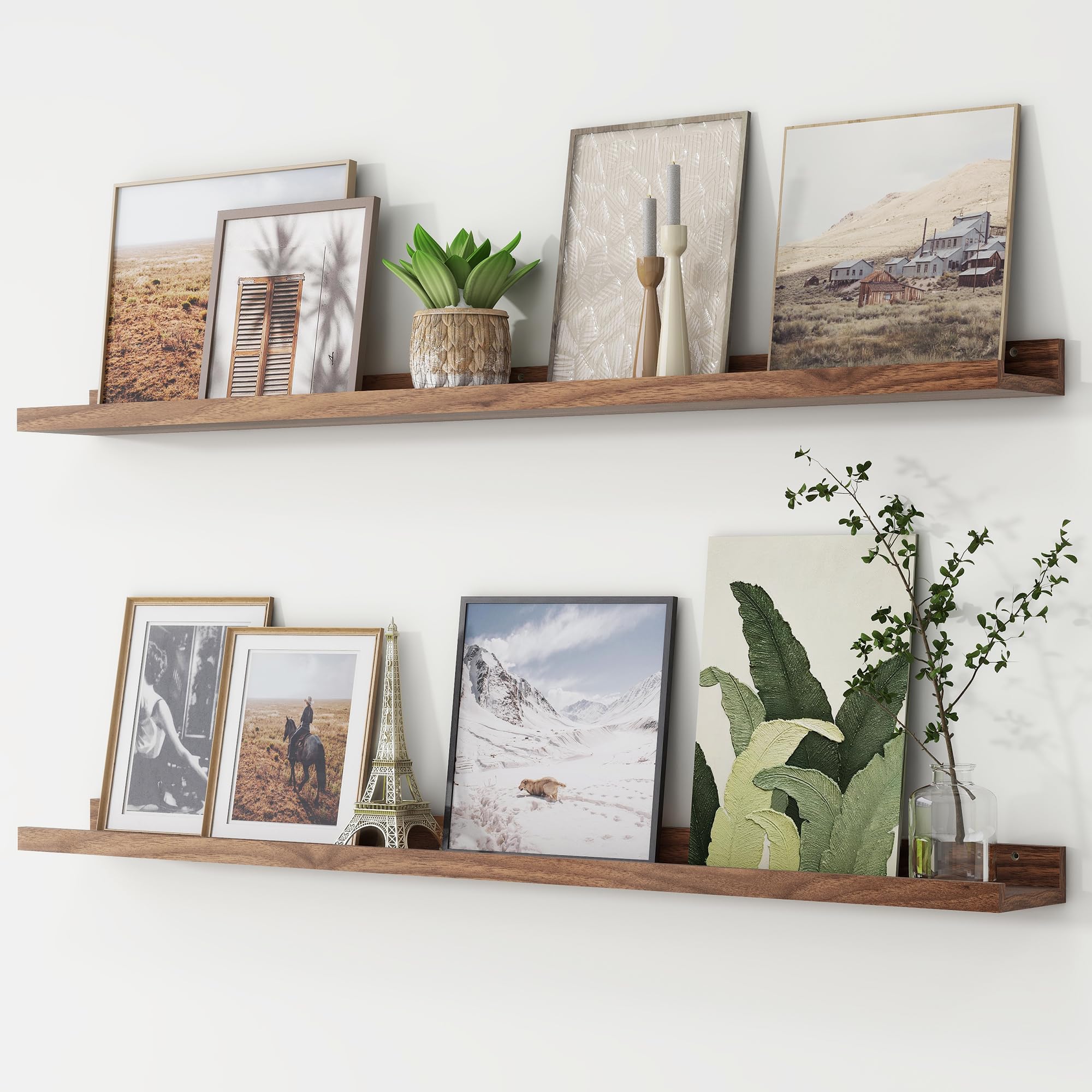 Picture Ledge Shelf, Floating Shelves Set of 2, 48 Inches Long Large Nursery Book Shelves for Toys Storage, Kids Bookshelf Wall Mounted for Living Room Bedroom Decor Books Photo Frames, Walnut