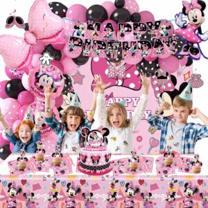 Mouse Birthday Party Supplies, Mouse Party Decorations, Pink Mouse Birthday Decorations Includes Happy Birthday Banner, Balloons, Stickers, Backdrop, Pink Tableware, Hanging Swirls