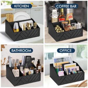 Paper Plate Dispenser, Paper Plate Holder for Kitchen Counter, Wood Rustic Silverware Utensil Caddy, Cutlery Flatware Organizer Box for Cups Spoons Forks Plates Napkins, Kitchen Accessories (Black)