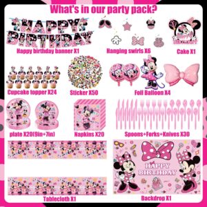 Mouse Birthday Party Supplies, Mouse Party Decorations, Pink Mouse Birthday Decorations Includes Happy Birthday Banner, Balloons, Stickers, Backdrop, Pink Tableware, Hanging Swirls