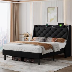 iPormis Queen Bed Frame with 16" Comfort Wingback & Charging Station,Upholstered Platform Bed with Button Tufted Storage Headboard, Solid Wood Slats Support, No Box Spring Needed, Black