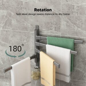 DULRLLY Swivel Towel Bar with Hook Wall Mounted Towel Rack Space Saving Bathroom Towel Rack Black Rotating Bath Towel Bars Swing Out Towel Hanger for Bathroom Kitchen Home Hotel(3 Arms)