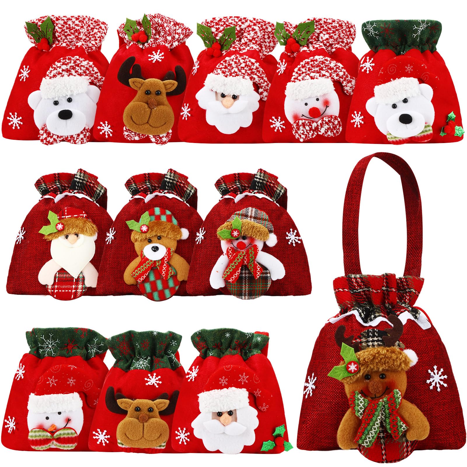 Clysee 12 Pcs Christmas Gift Doll Bags Christmas Eve Apple Bags Reusable Drawstring Gift Bags Elk Bear Santa Claus Snowman Fabric Goody Bag for Christmas Candy Party Favors Holiday Wrapping