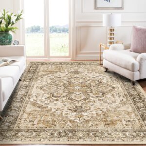 hiloruug washable area rug vintage - living room farmhouse oriental rug 5x8 distressed non-slip stain resistant carpet for bedroom dining room home office (5x8 beige/brown)