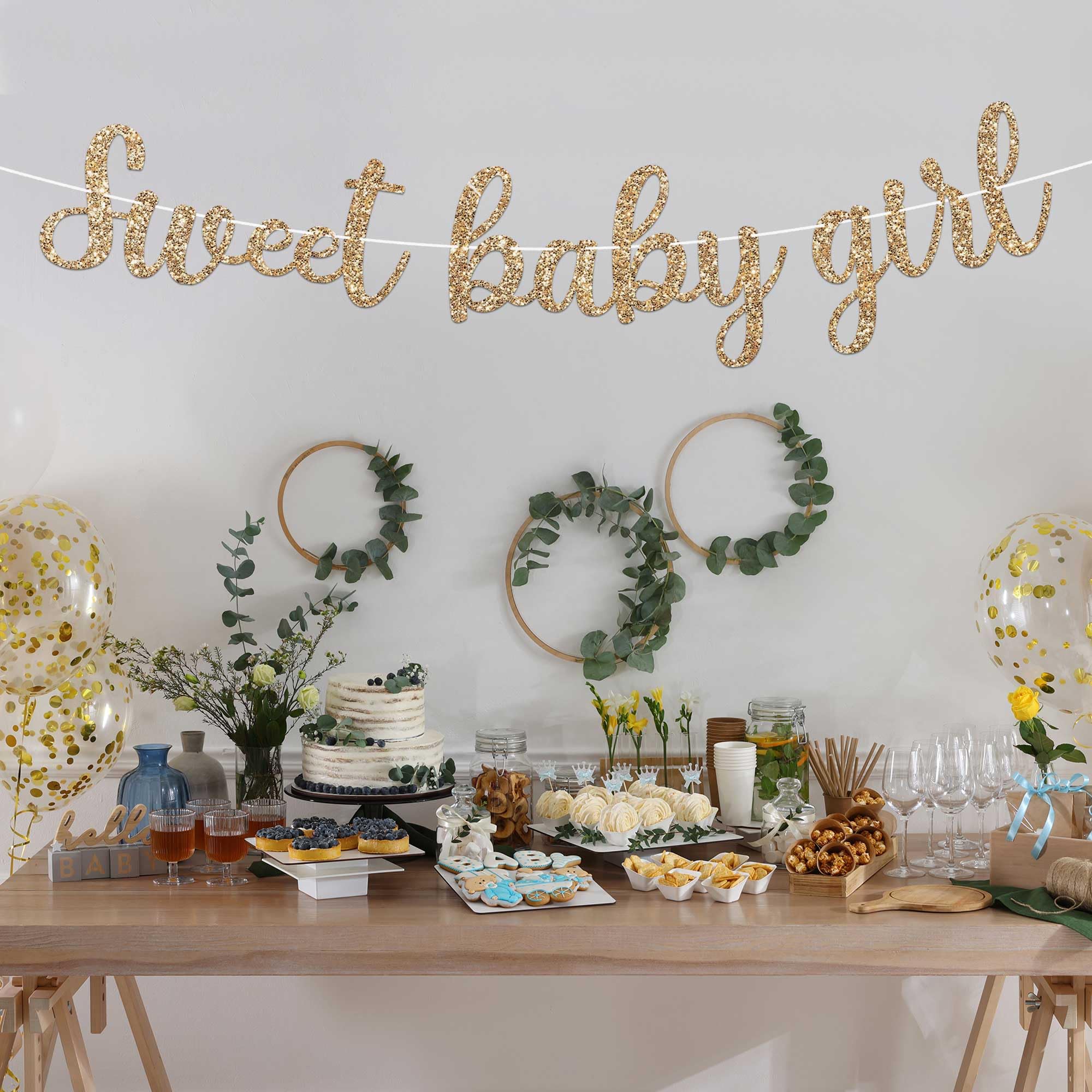 Pre-Strung Sweet Baby Girl Banner - NO DIY - Gold Glitter Baby Shower Gender Reveal Party Banner For Girl - Pre-Strung Garland on 8 ft Strand - Baby Shower Party Decorations. Did we mention no DIY?