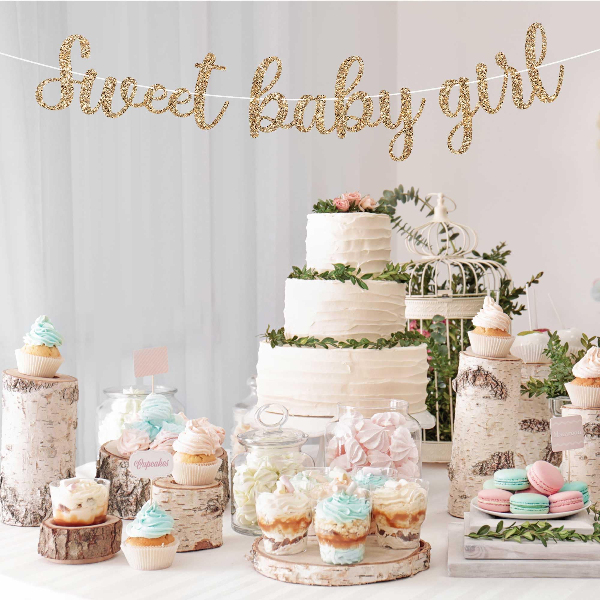 Pre-Strung Sweet Baby Girl Banner - NO DIY - Gold Glitter Baby Shower Gender Reveal Party Banner For Girl - Pre-Strung Garland on 8 ft Strand - Baby Shower Party Decorations. Did we mention no DIY?