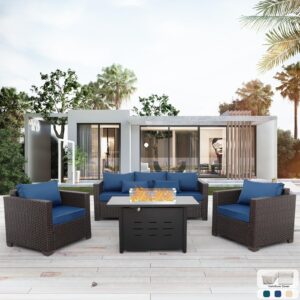 4 piece patio furniture set 45 inches fire pit table outdoor furniture sets patio couch outdoor chairs 50000 btu propane fire pit with non-slip cushions and waterproof covers, navy blue