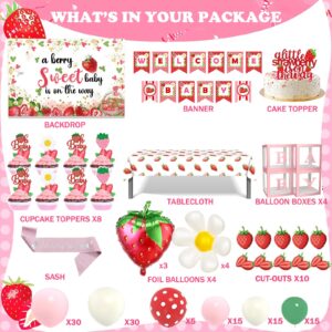 152 PCs Strawberry Baby Shower Decorations Girl, Fiesec A Berry Sweet Baby is On The Way Baby Shower Decorations Backdrop Banner Balloon Garland Tablecloth Cake Cupcake Topper Box Cutout Sash