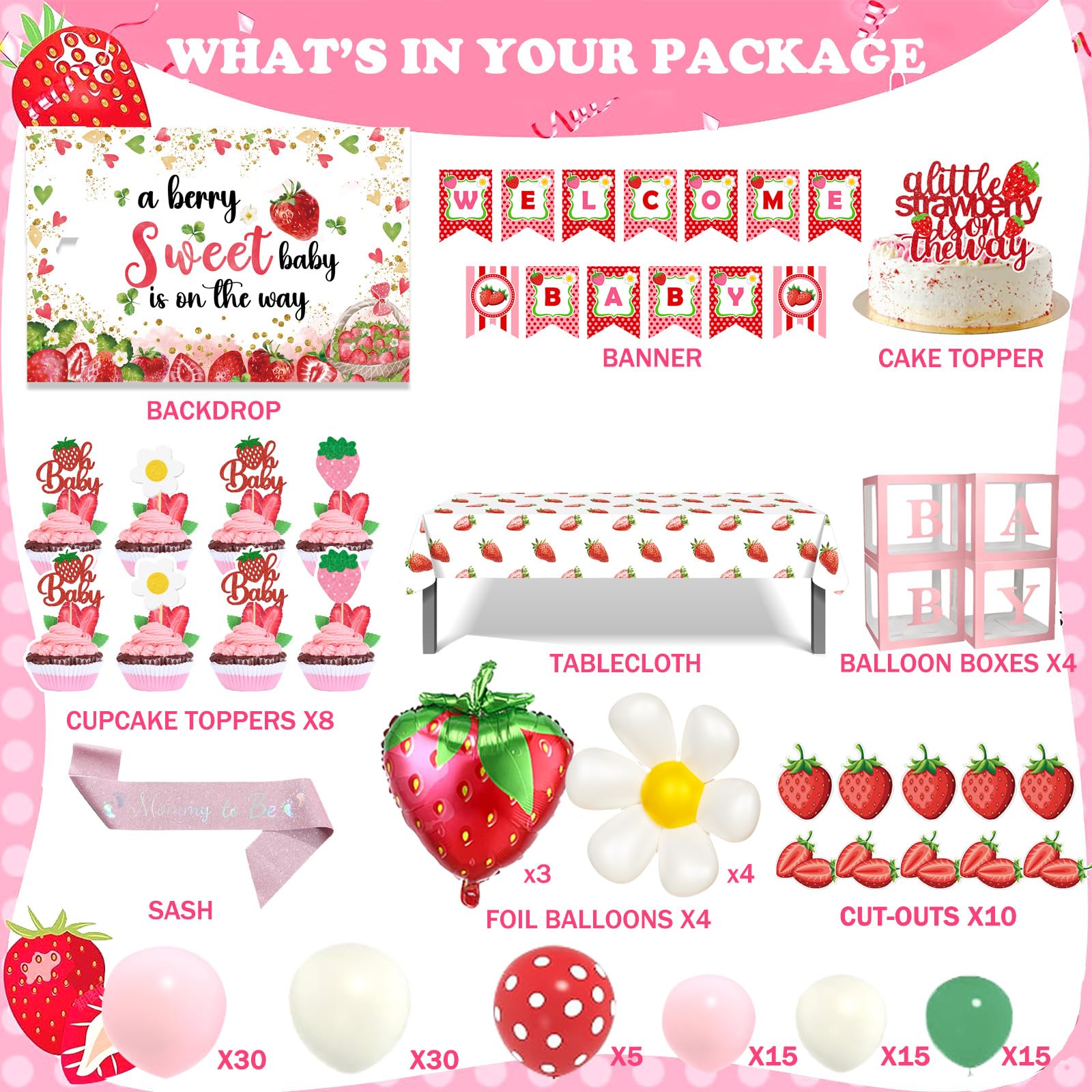 152 PCs Strawberry Baby Shower Decorations Girl, Fiesec A Berry Sweet Baby is On The Way Baby Shower Decorations Backdrop Banner Balloon Garland Tablecloth Cake Cupcake Topper Box Cutout Sash