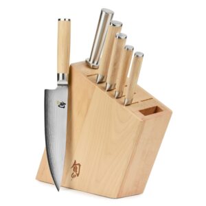 shun classic blonde 7 piece knife set with angled birch block