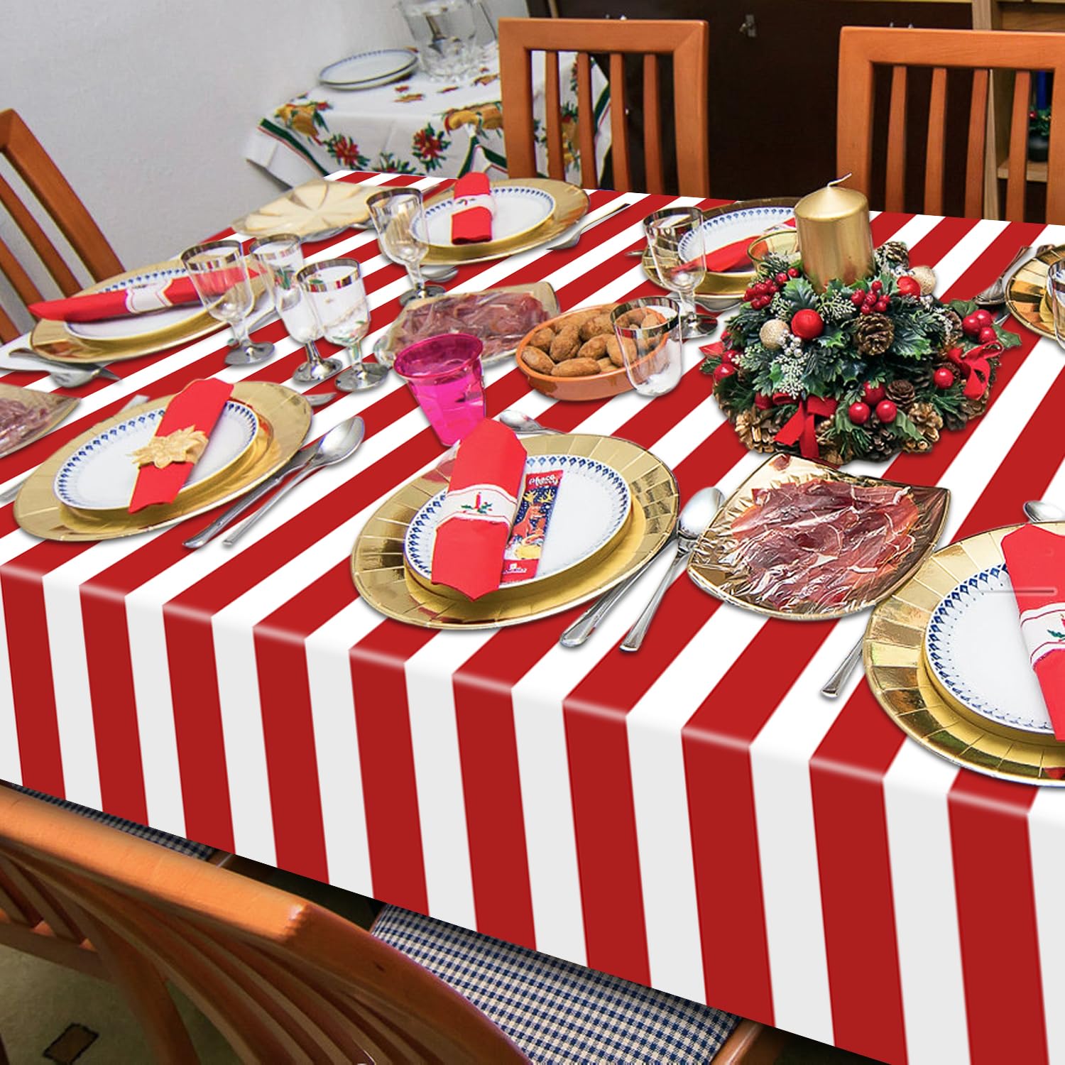 PIXHOTUL 4 Pieces Carnival Table Cloths, Red and White Stripe Tablecloths, Red Plastic Table Cover, Circus Theme Party Decorations for Carnival, Movie Night, Birthday, Christmas, Wedding, 51'' x 86''