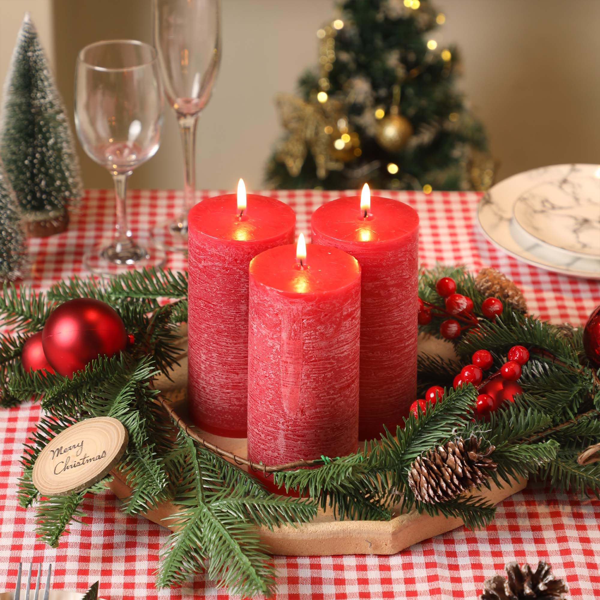 3x6 Inch Red Pillar Candles Set of 3, Christmas Candles Unscented Red Pillar Candles, Dripless Candles Long Burn Time for Wedding, Christmas Decor and Home Decor, Christmas Dinner Table Decor