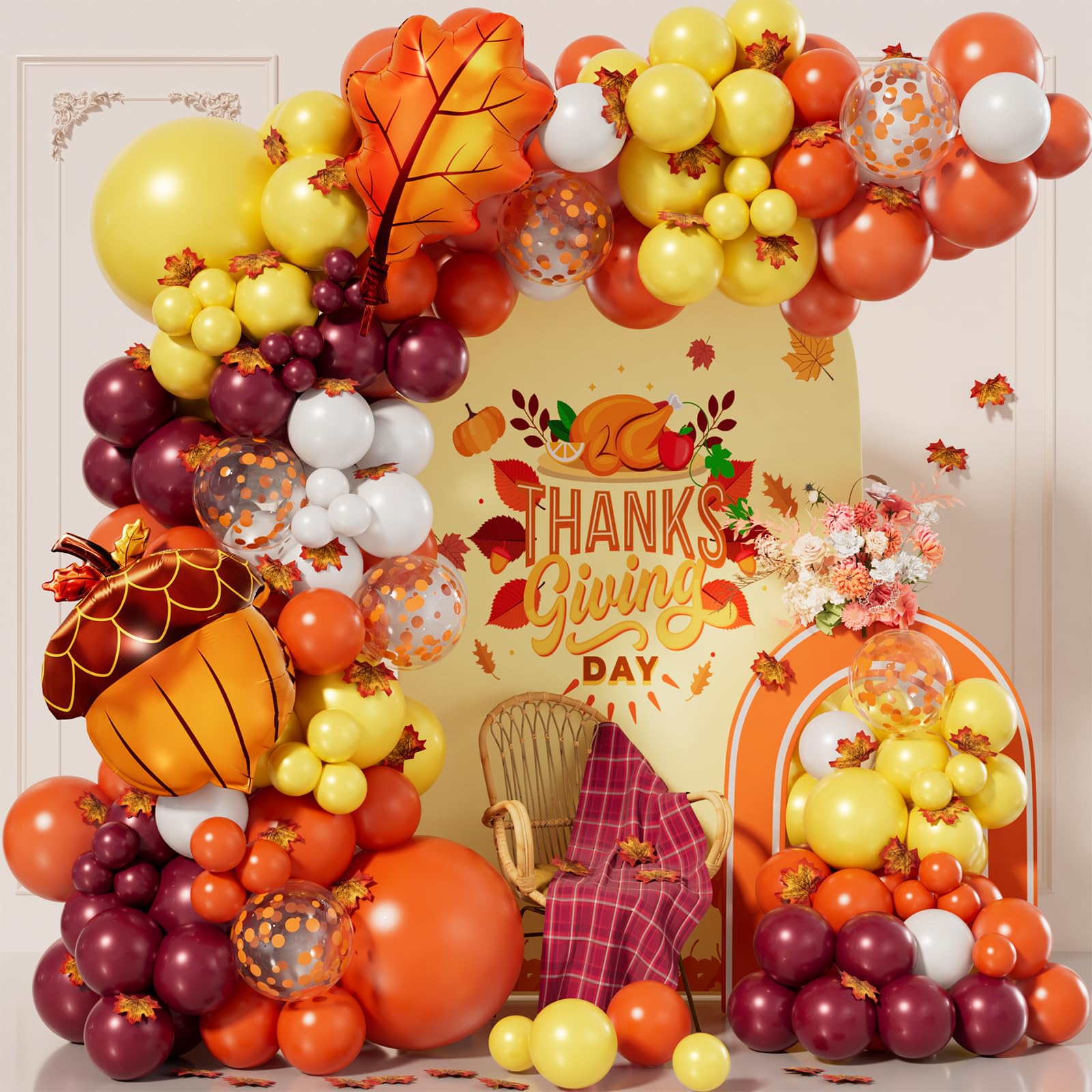 AobkDeco 189 pcs Fall Balloons Garland Arch Kit Fall Decorations Orange Burgundy White balloons for Thanksgiving Autumn Little Pumpkin Baby Shower Decorations with Fall Maple Leaves