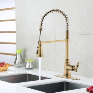 Derengge Brushed Gold Kitchen Sink Faucet,Single Handle Spring Spout Kitchen Faucet with Pull-Down Sprayer, 1 Hole or 3 Hole Installation,KF-5988-BG