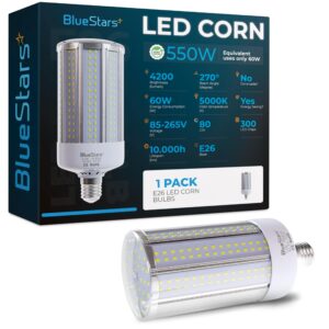 bluestars super bright 60w e26 led corn light bulbs e26 medium base 4200 lumens (550w equivalent) cool white 5000k, for homes, outdoors, commercial, warehouses, garage & backyard lighting