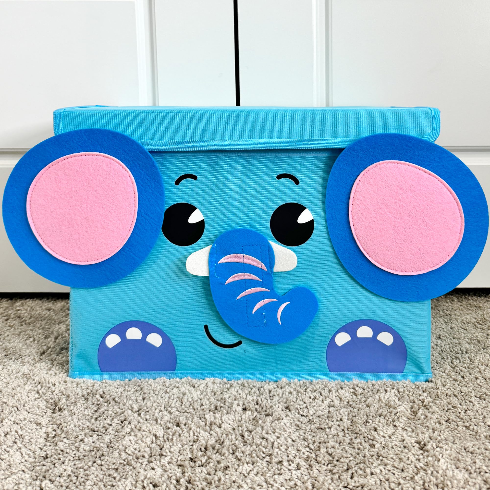 QUOKKA Toy Storage Box for Boys and Girls - 16x12x10 In Elephant Toy Chest Organizer for Kids - Collapsible - Handles - Flip Top Lids - Fabric Foldable Bin for Playroom - Nursery Room Organization