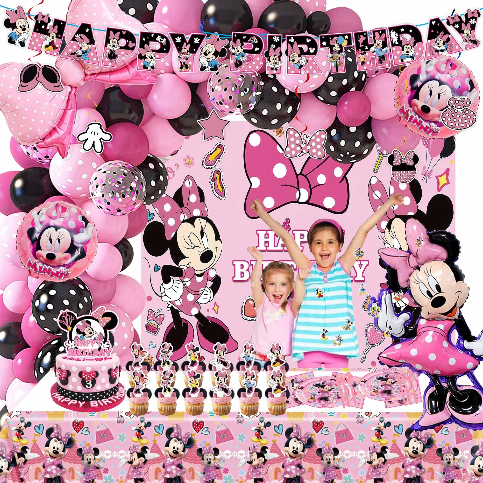 Mouse Birthday Party Supplies, Mouse Party Decorations, Pink Mouse Birthday Decorations Includes Happy Birthday Banner, Balloons, Stickers, Backdrop, Pink Tableware, Hanging Swirls