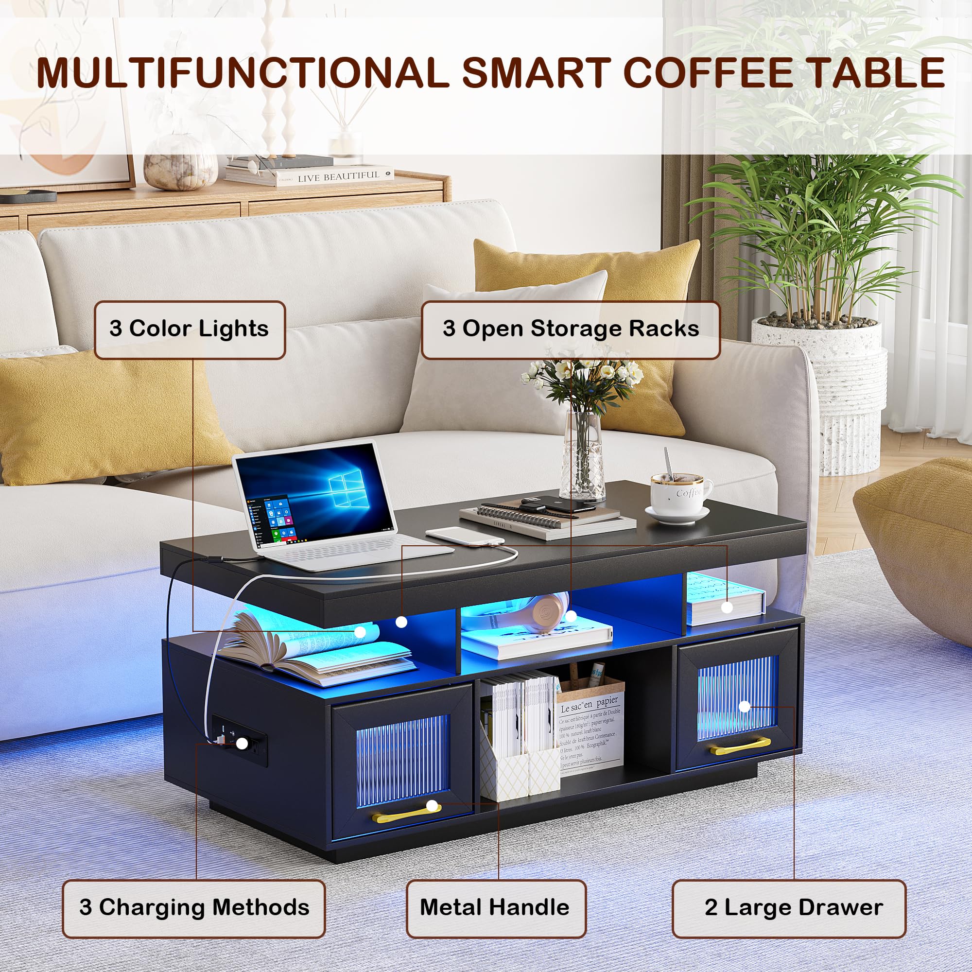 FOMNEY LED Coffee Table with Charging Station＆4 Storage Spaces, Modern Coffee Tables with Auto 3 Color Lights, Center Tea Table with Acrylic Door, Black Coffee Table for Living Room