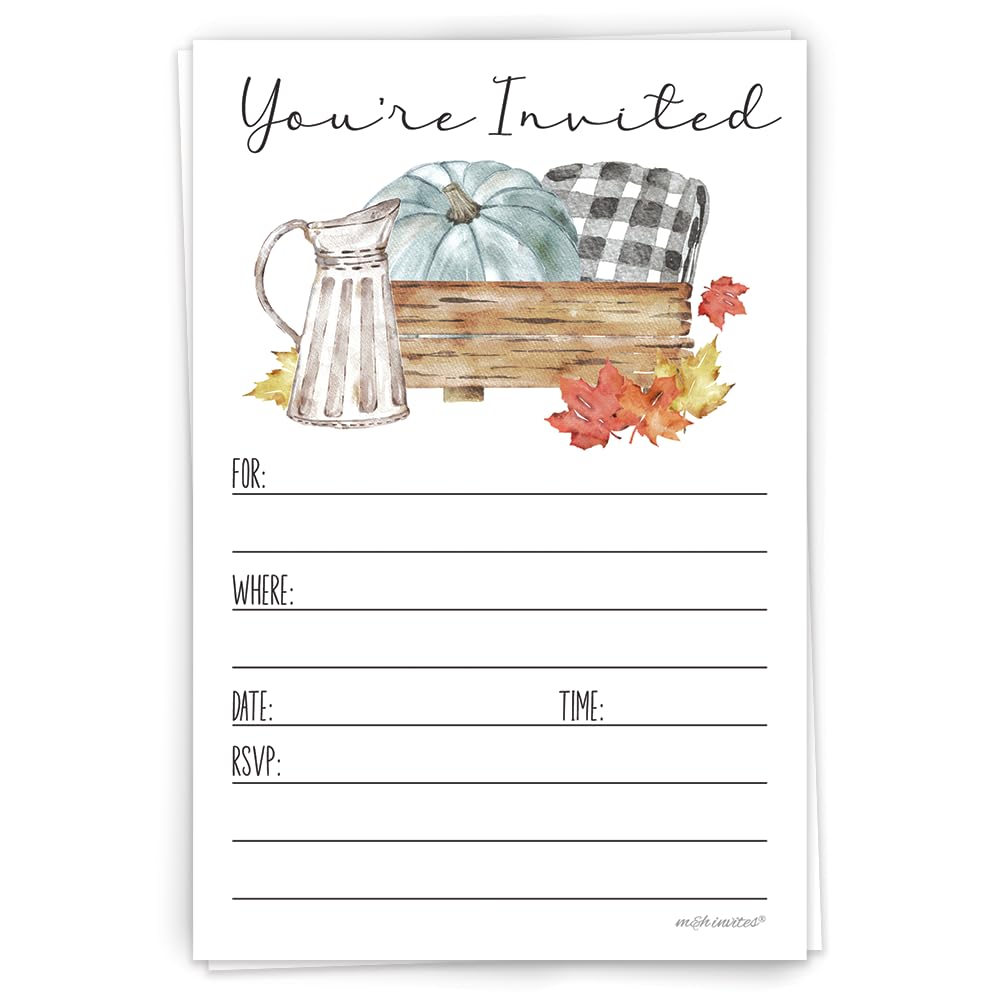 Rustic Fall Harvest Invitations - (20 Count) Autumn Country Watercolor 4x6 Invitations With Envelopes for Bridal, Baby Shower, Wedding, School, Neighborhood & Church Events