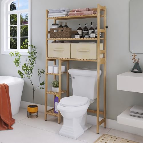 SMIBUY Over The Toilet Storage, Bamboo 6-Tier Bathroom Storage Shelf with Drawers, Freestanding Above Toilet Organizer Rack, Mass-Storage, Space Saver for Small Room (Natural)