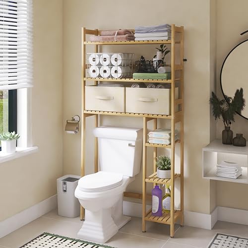 SMIBUY Over The Toilet Storage, Bamboo 6-Tier Bathroom Storage Shelf with Drawers, Freestanding Above Toilet Organizer Rack, Mass-Storage, Space Saver for Small Room (Natural)