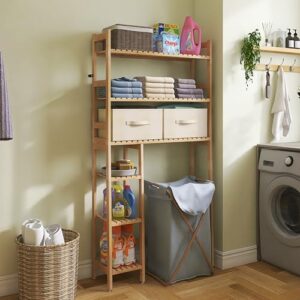 SMIBUY Over The Toilet Storage, Bamboo 6-Tier Bathroom Storage Shelf with Drawers, Freestanding Above Toilet Organizer Rack, Mass-Storage, Space Saver for Small Room (Natural)